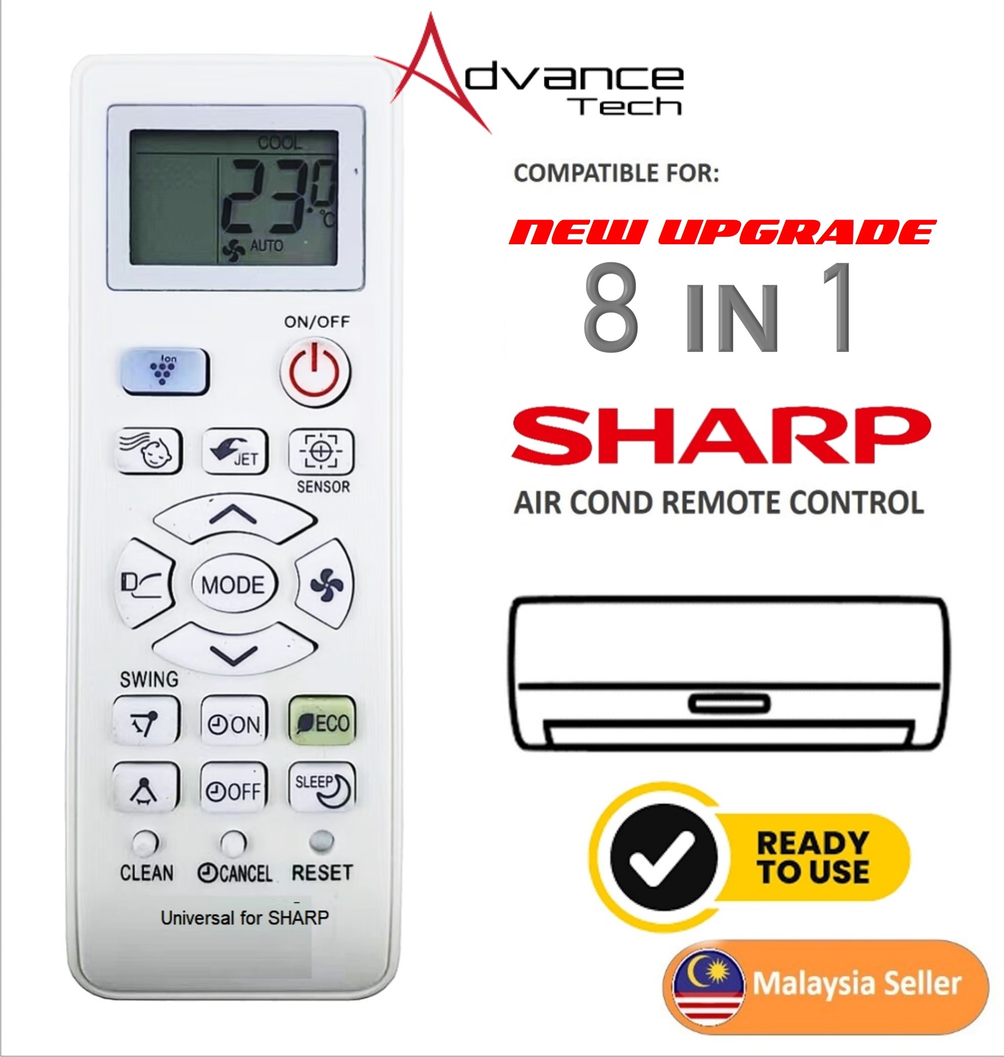Sharp 8 IN 1 Universal Replacement Air Conditioner Remote Control For ...