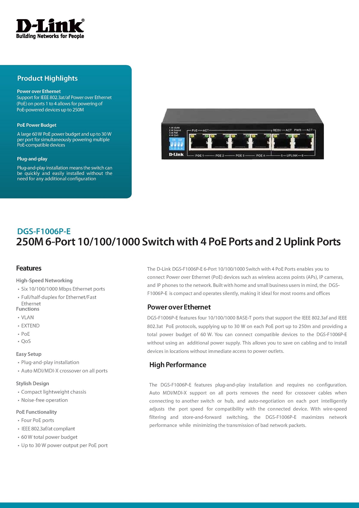 D-Link 250M 6-Port 1000Mbps Switch with 4 PoE Ports (DGS-F1005P-E/DGS ...