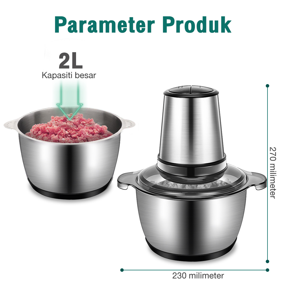 Simmo Chopper Blender Food Processor Meat Grinder 500W 2L Stainless Steel Mixer 4 Cutting Blades ...