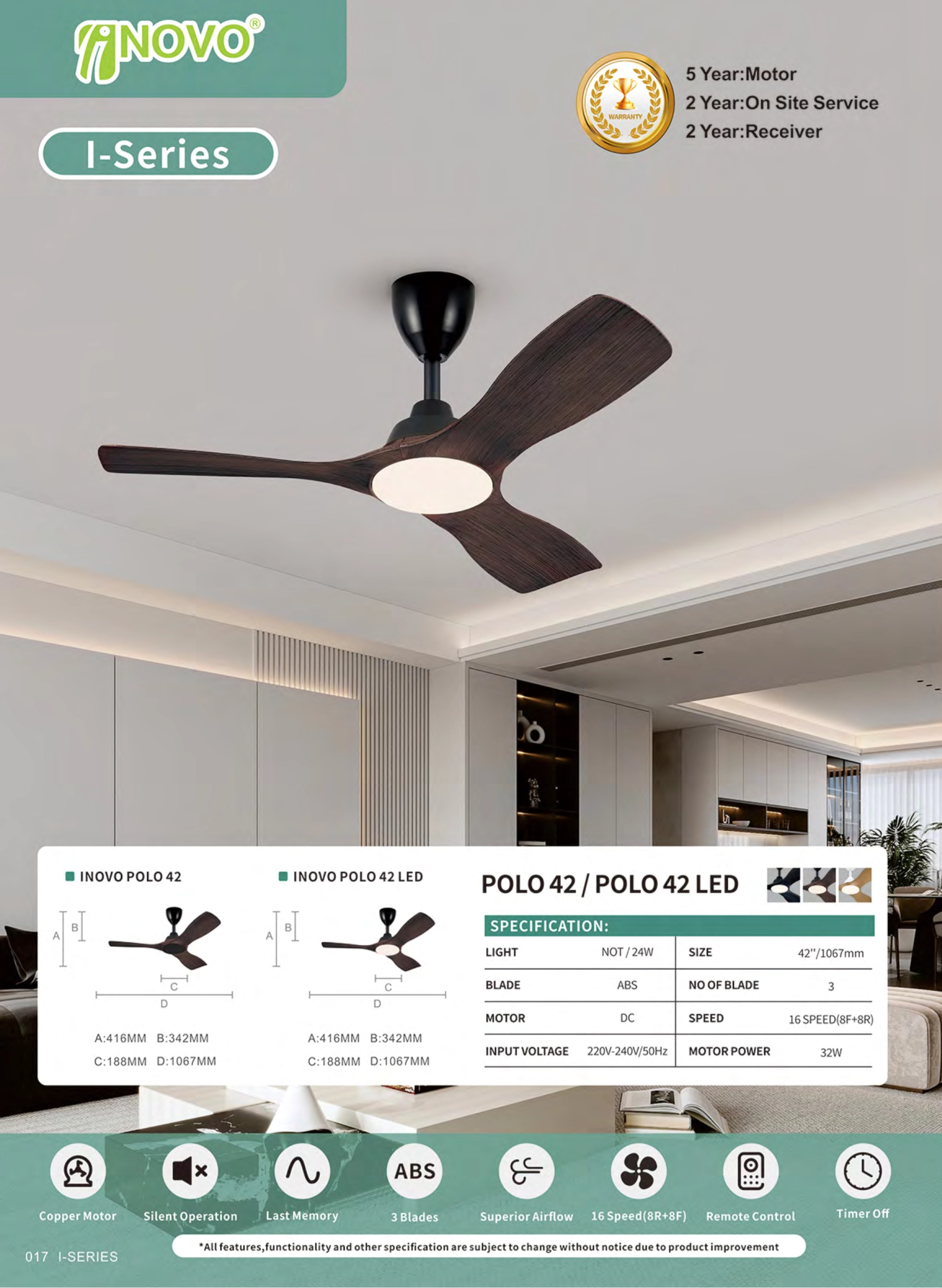 INOVO Polo 42/52 DC Silent Ceiling Fan with Light Remote Control Baby ...
