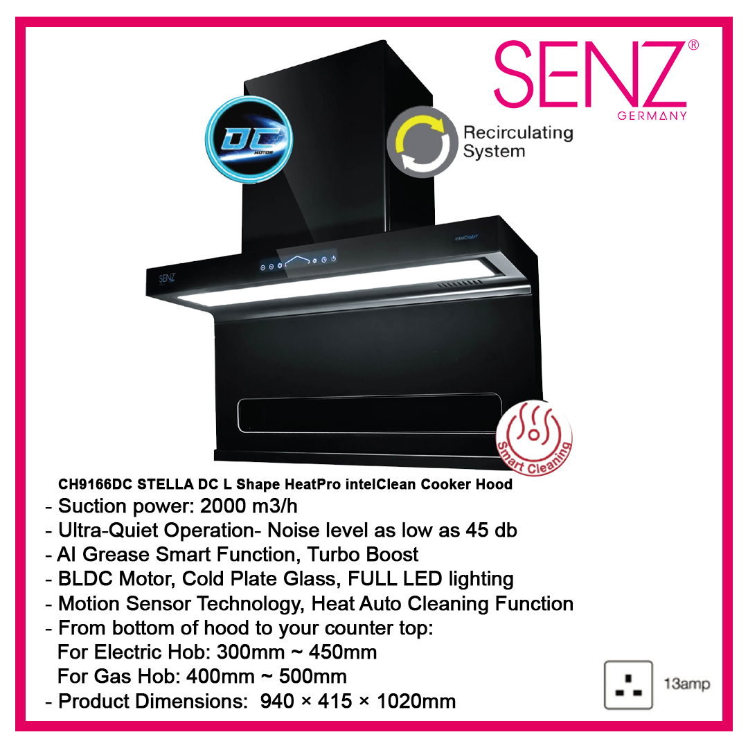 (ULTRA QUIET) Senz STELLA Cooker Hood CH9166DC / L Shape Hood / Heat ...