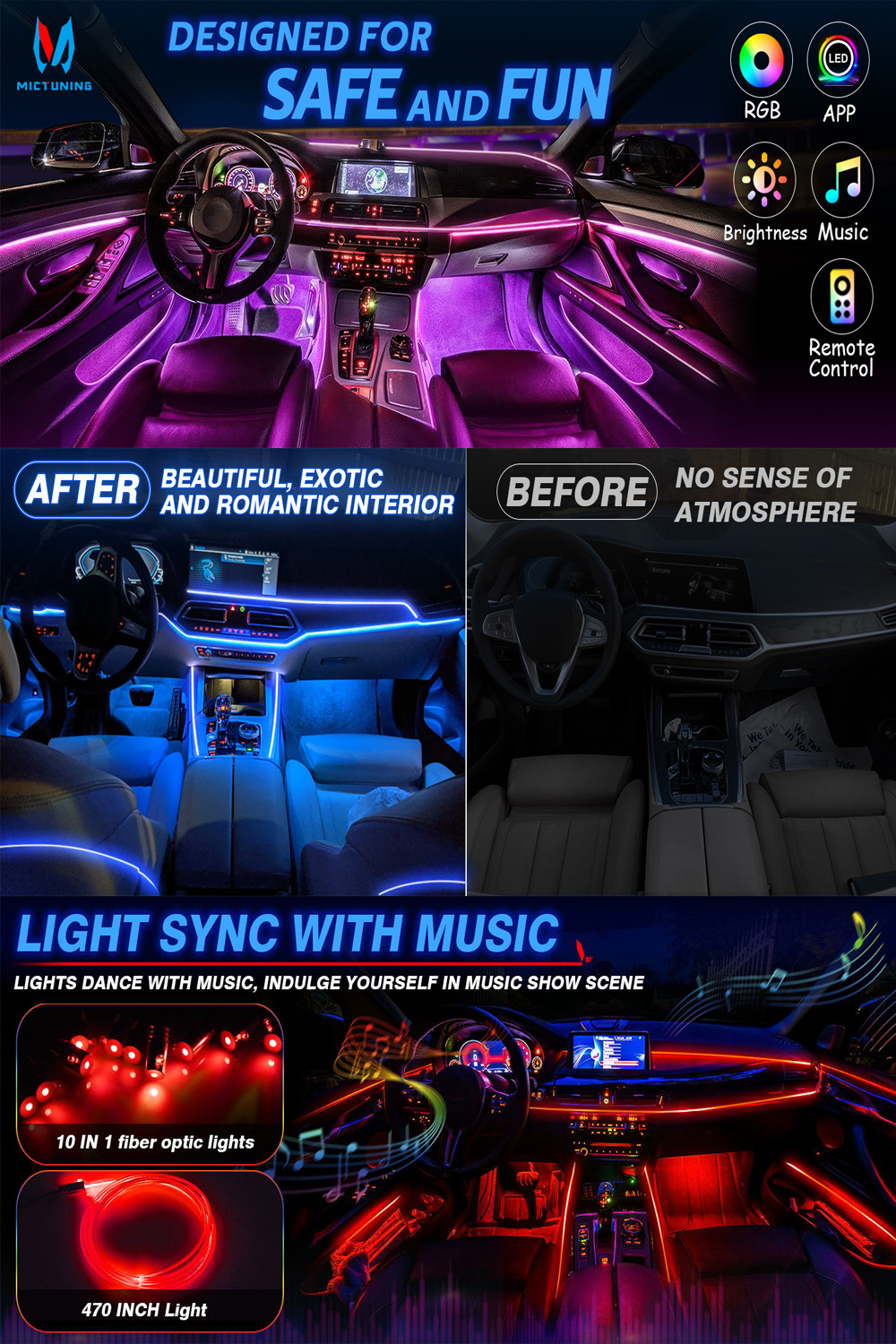 18 in 1 64 Color RGB app control Dream Colour Car Atmosphere LED ...