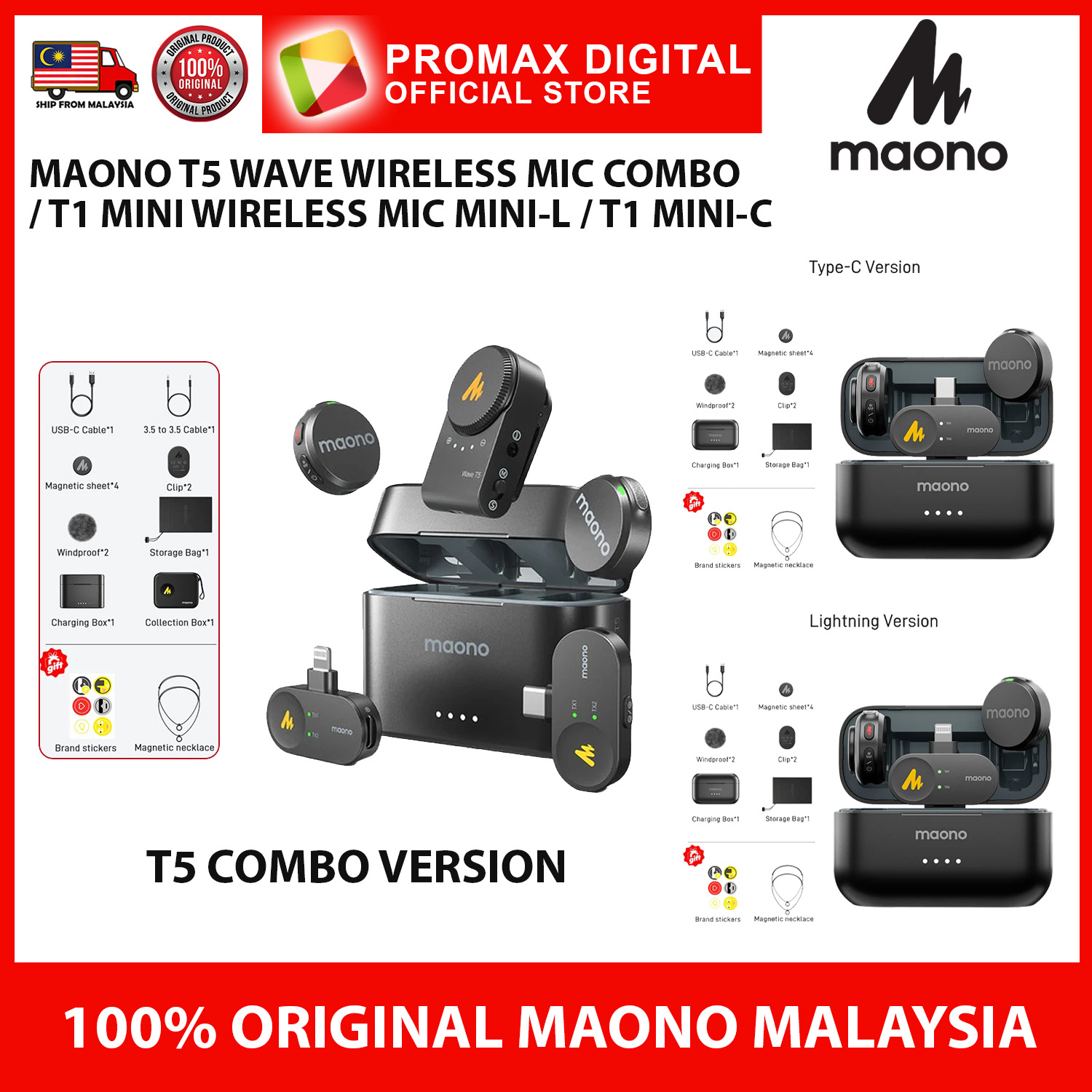 MAONO T5 WAVE WIRELESS MIC / T1 MINI-C (Type-C) / T1 MINI-L (Lightning ...