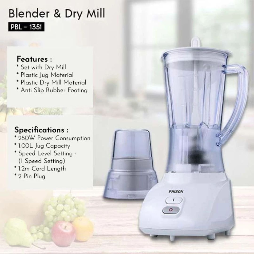 PHISON Pengisar Elektrik Blender With Dry Mill (1.0L) PBL-1351 | Shopee ...