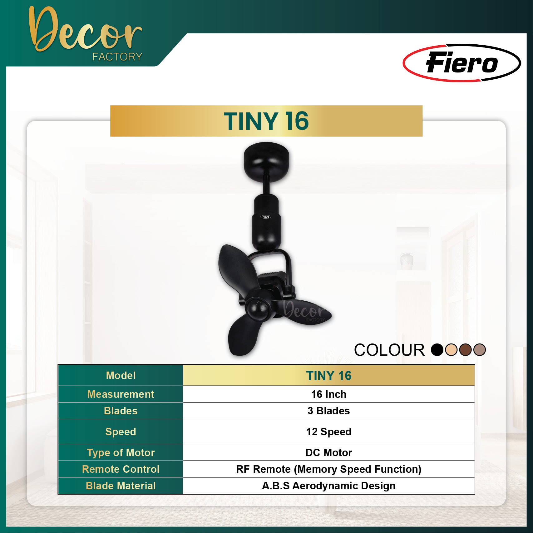 DEKA FIERO Fan FIERO TINY & VIVI 16 Inch 3 Blades 12 Speed DC Motor ...