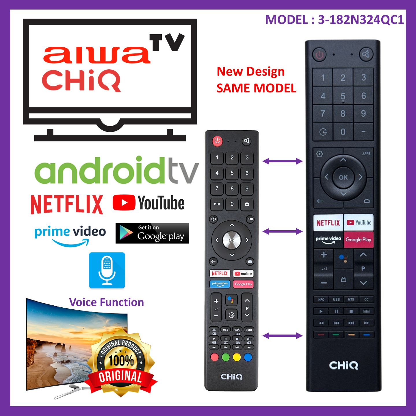 Aiwa Chiq Android Smart TV Remote Control 3-182N324QC1 Aiwa Chiq ...