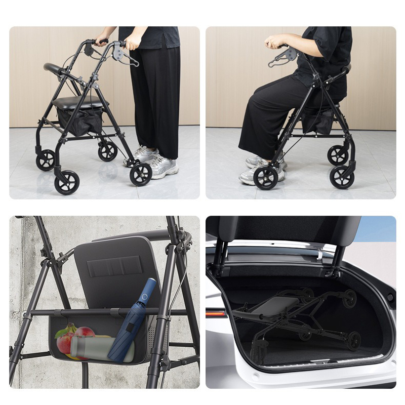 4 Wheel Rollator Walker With Seat, Folding Rolling Walker, Height ...