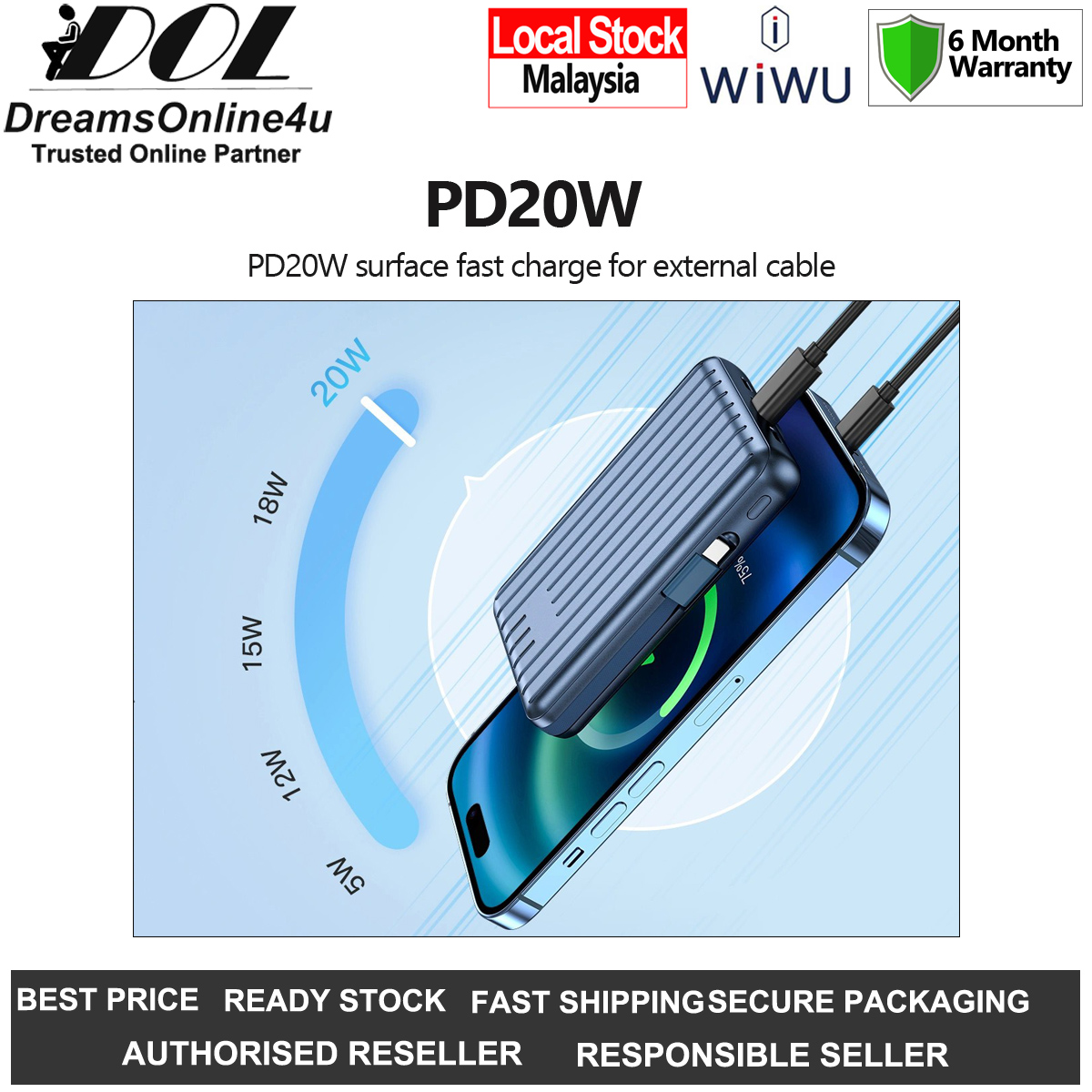 WiWU PP03 CCC FDA CE 10000mAh PD20W Build-in Cable Wireless Magnetic ...