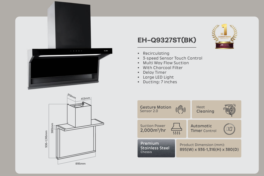 ELBA Designer Hood MONZA EH-Q9327ST(BK) - Dual Way Suction | Shopee ...