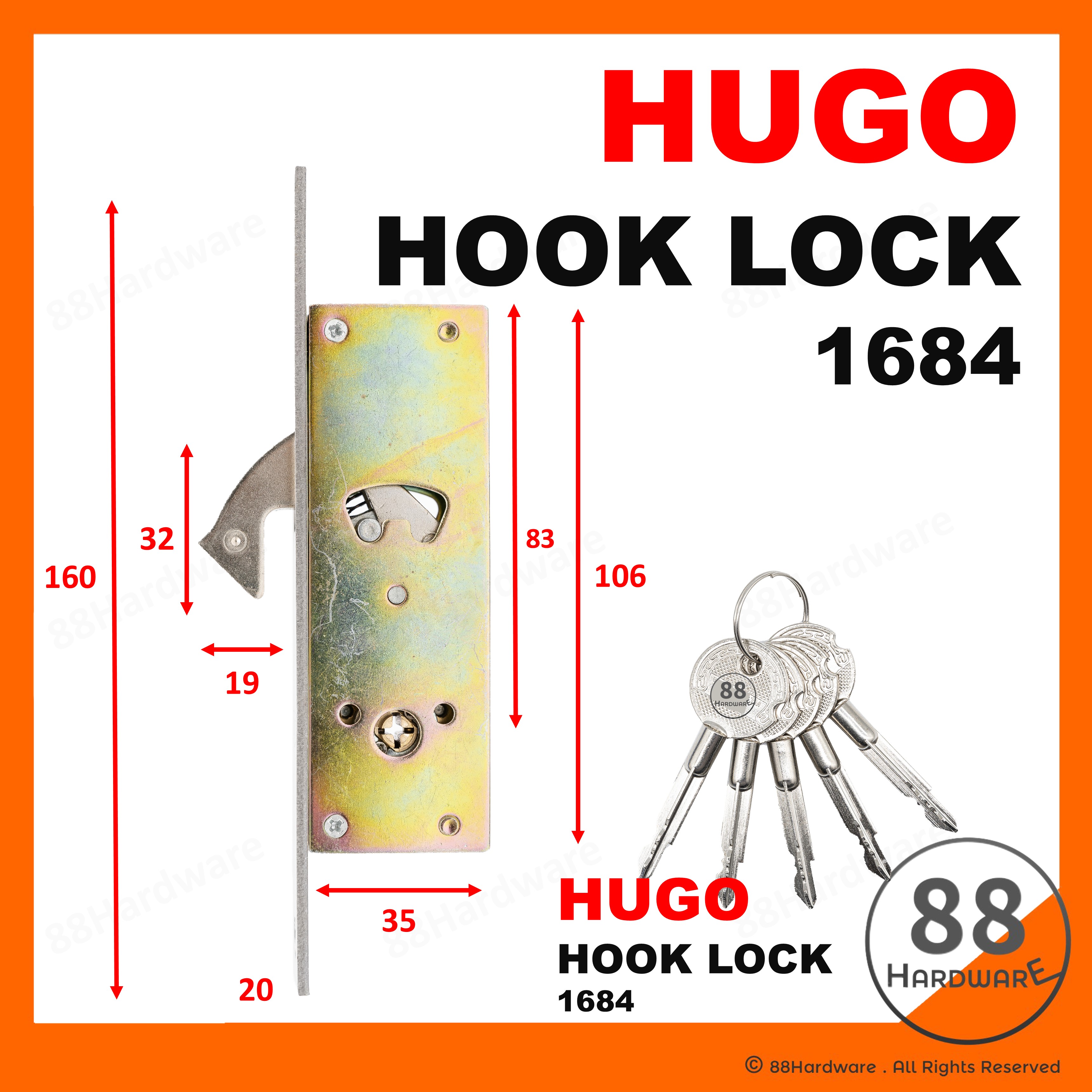 HUGO STGUCHI 1684 Hook Lock / sliding door lock / kunci grill besi ...