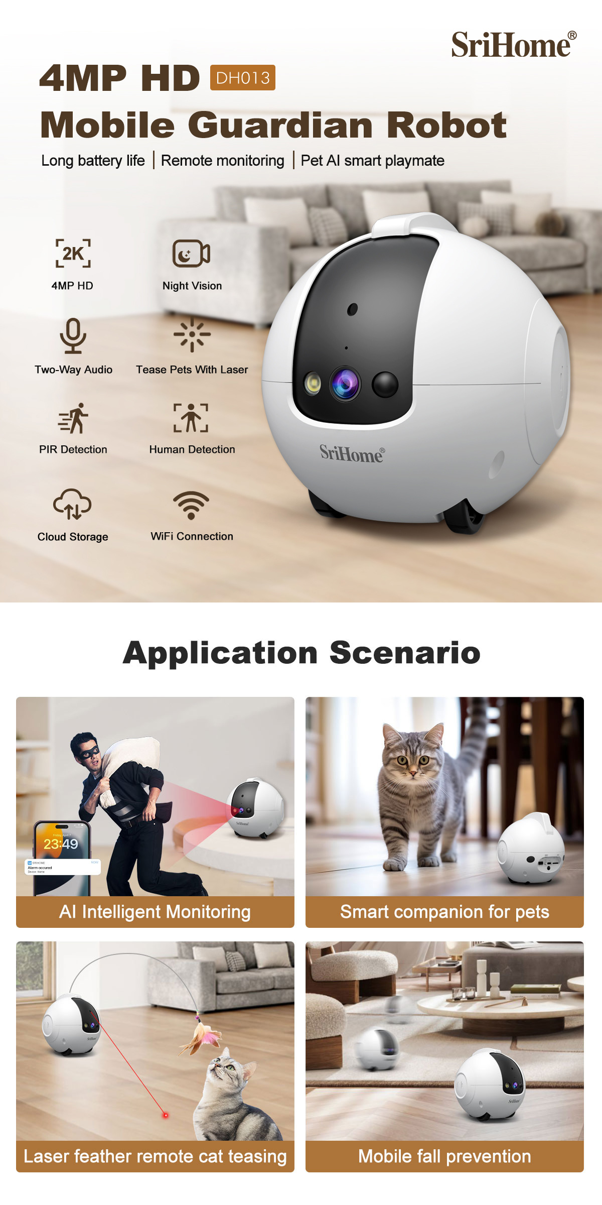 SriHome RONDA DH013 Robot CCTV 2K Camera Remote Control Battery Powered ...