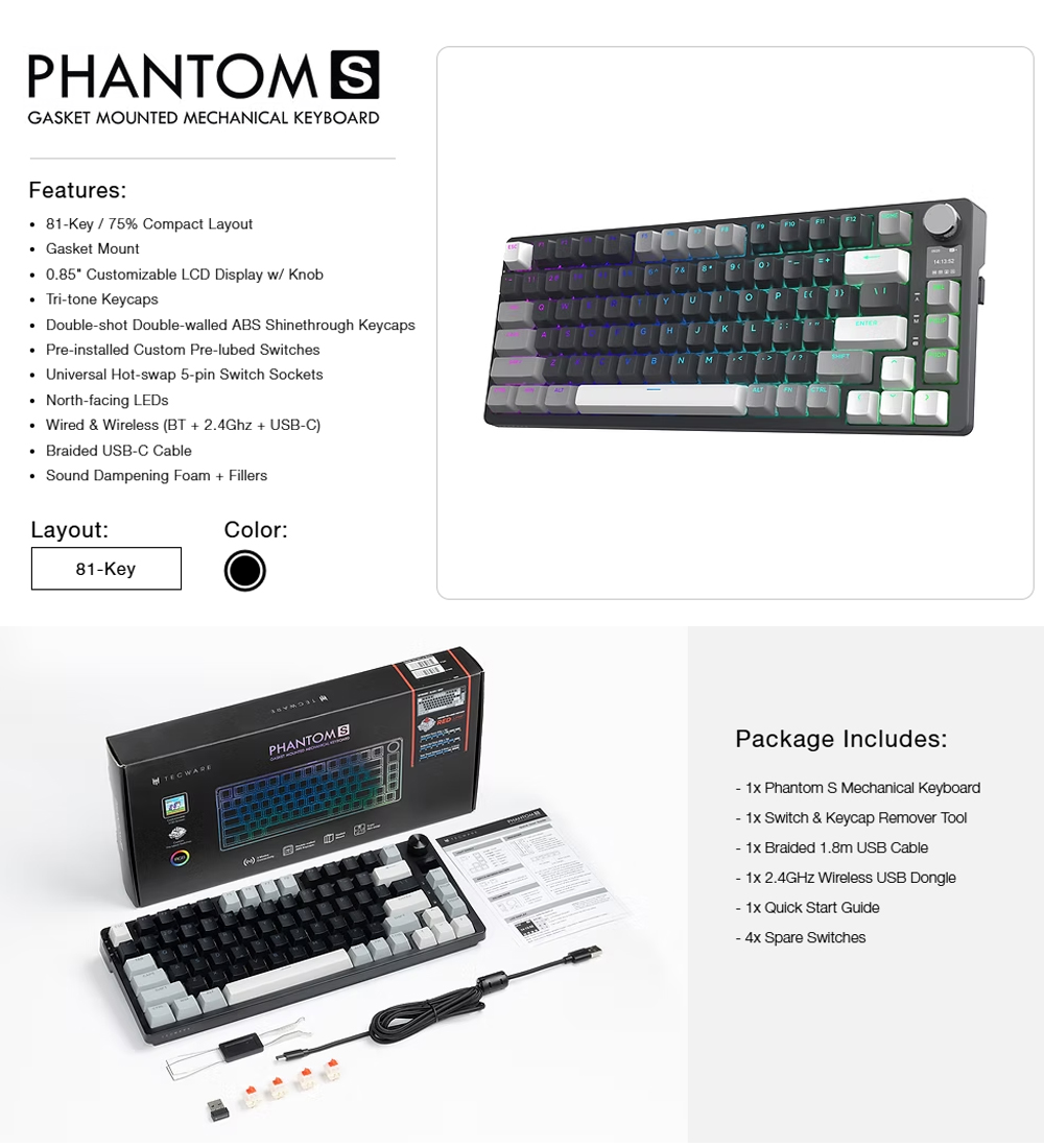 TECWARE Phantom S 75% Wireless Mechanical Gaming Keyboard with Gasket ...