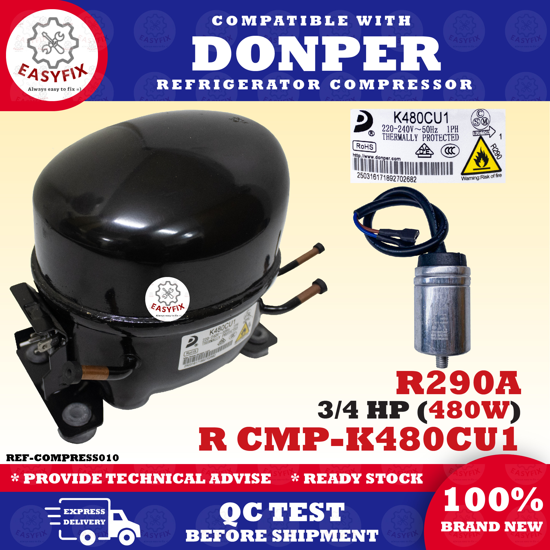 480W 3/4HP R CMP-K480CU1 DONPER REFRIGERATOR COMPRESSOR R290A PETI ...