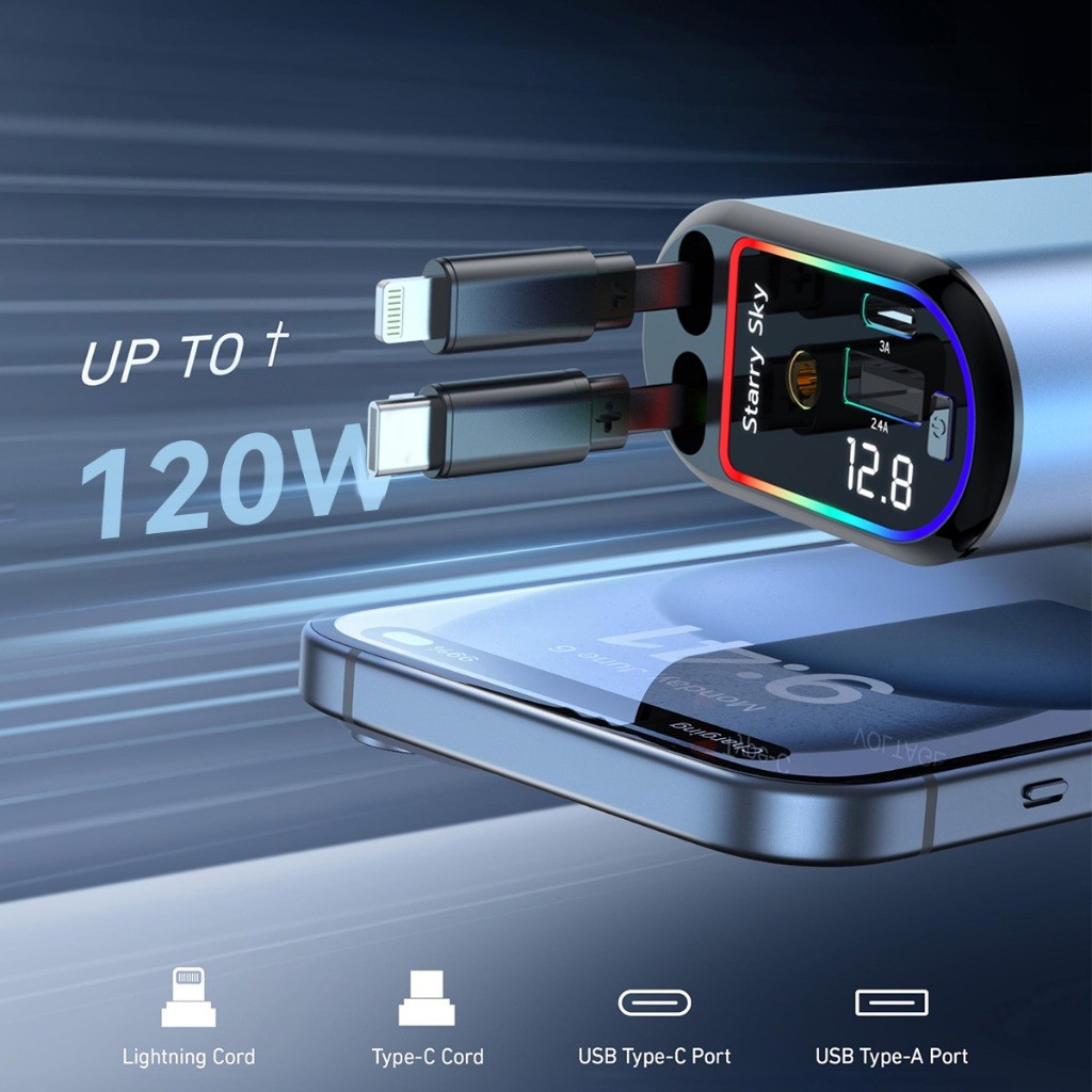 Retractable 120W 4-in-1 Car Charger with Type-C and iOS Support ...