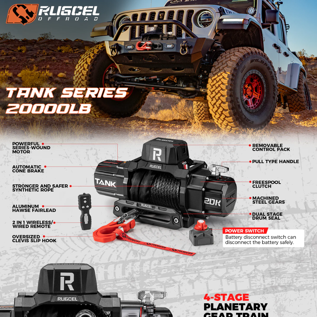 RUGCEL TANK WINCH 20000LB 12V Plasma Rope 7.8HP Electric Winch 4x4 ...