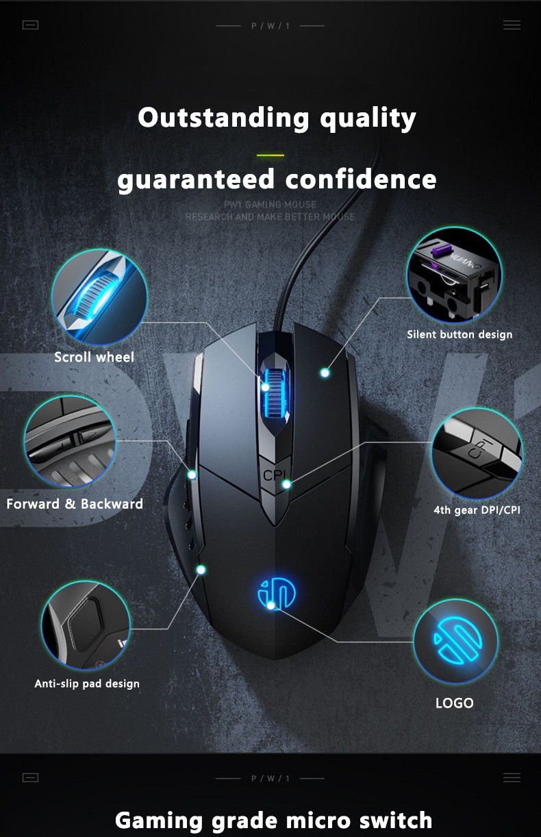 Inphic W1 Wired Gaming Mouse 200-8800DPI Optical Mice 6 Programmable ...