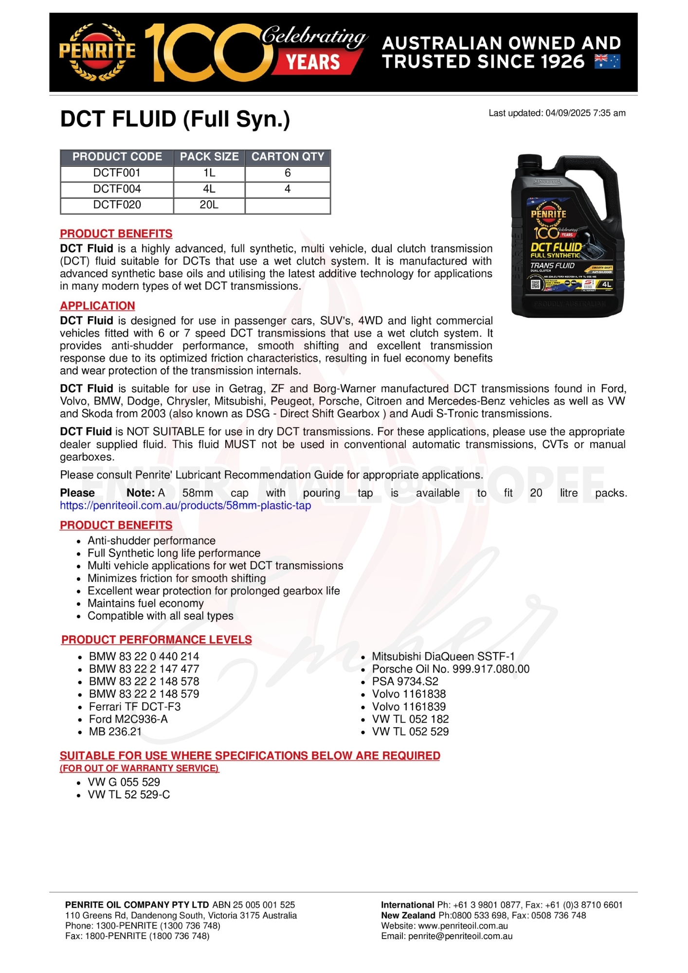 Penrite DCT Fluid (Full Synthetic) - 4L | Suitable For Wet DCT ...