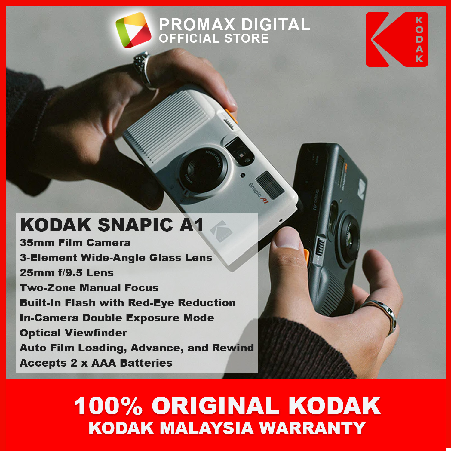 KODAK SNAPIC A1 35mm Film Camera 1 / 100 Shutter Speed In-Camera Double ...