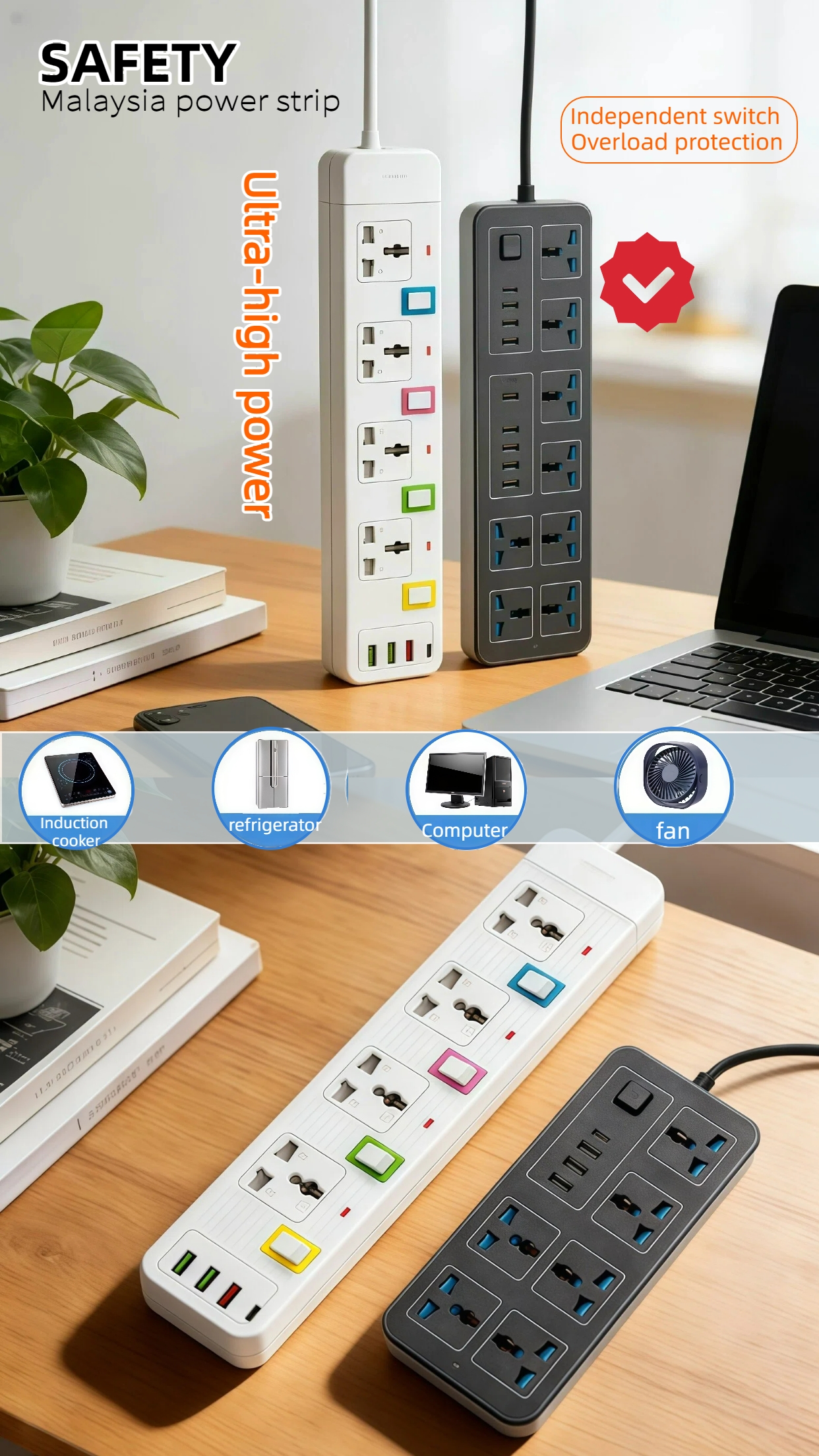 Universal 4/6 Power Socket Extension With USB Ports Power Strip Surge ...