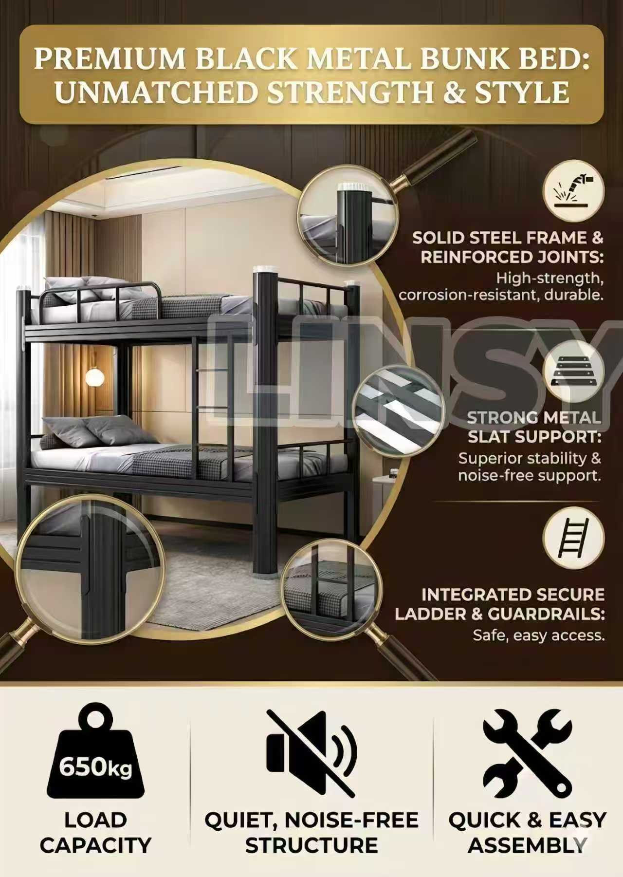 LINSY Metal Bunk Bed Student Dormitory Bed Frame Workers Bed Bouble ...