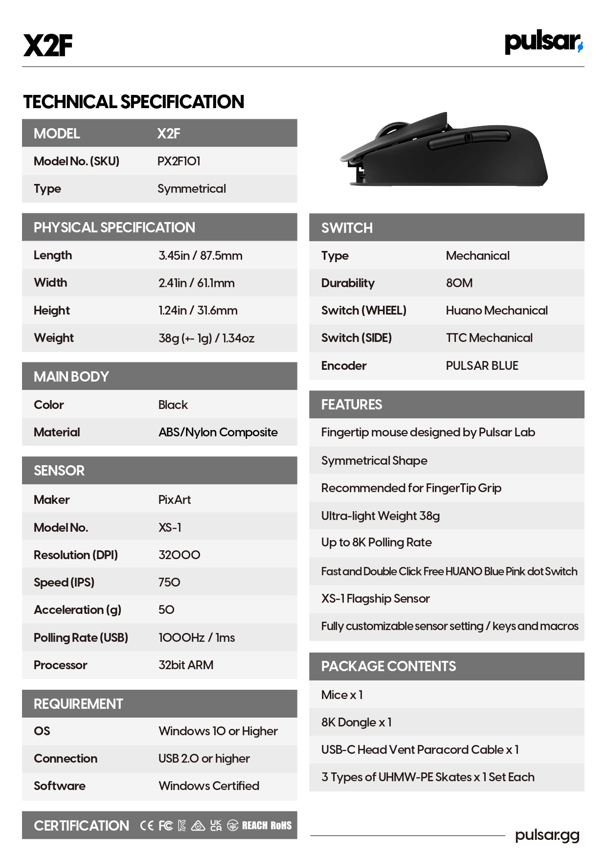 PULSAR LAB X2F 2.4G WIRELESS GAMING MOUSE - BLACK | Shopee Malaysia