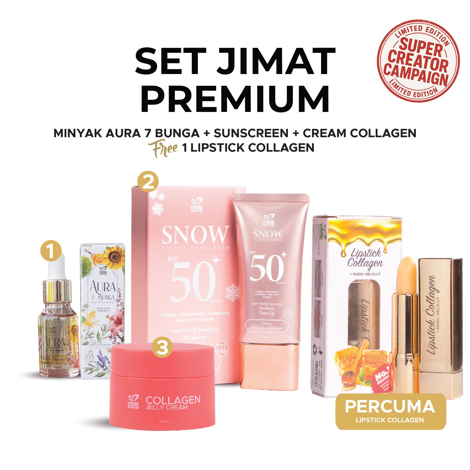 DHERBS SET JIMAT PREMIUM (SNOW TINTED + LIPS COLLAGEN + COLLAGEN JELLY ...