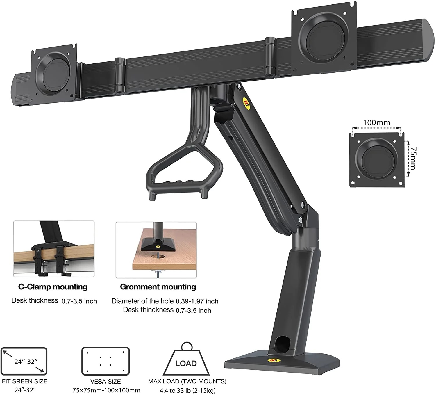 NB North Bayou NB32 24 to 32 Inch Gas Strut Dual Screen Monitor Mount ...