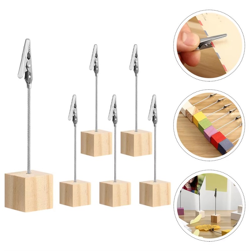 10Pcs Vintage Wooden Memo Clips With a card Cube Base Alligator Clips ...