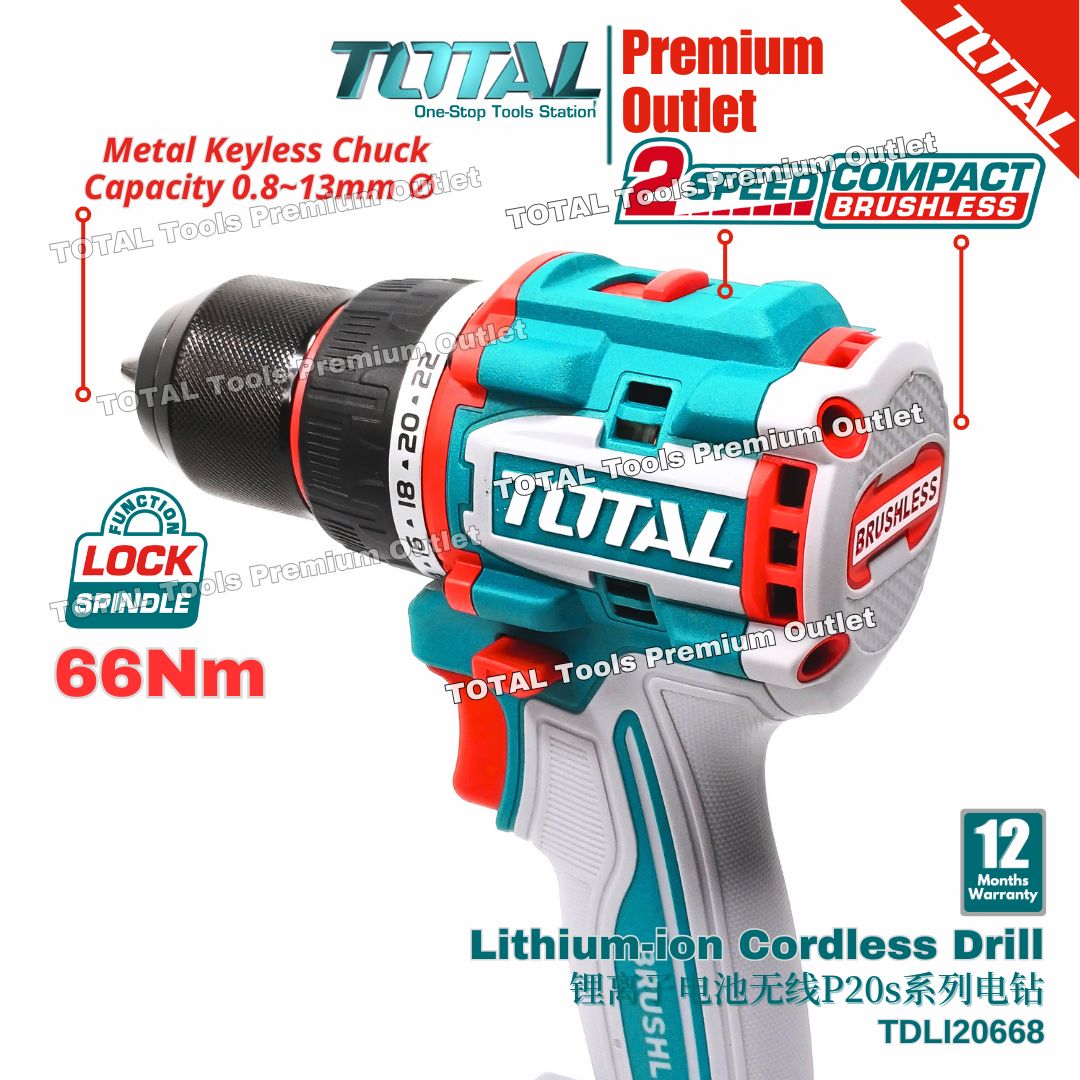 TOTAL Tools 20V series 66Nm Compact Brushless Cordless Drill (Full set ...