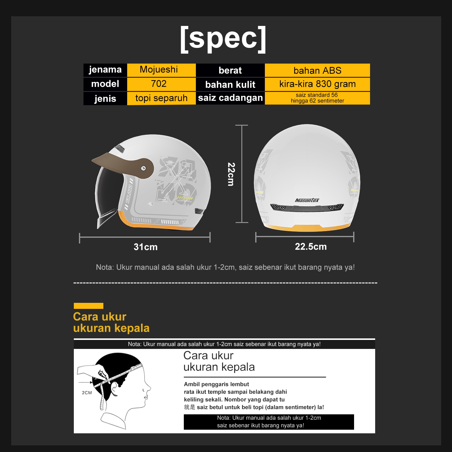Helmet Retro Masontex Separuh Kepala, Visor Hitam Anti Silau, Telinga ...