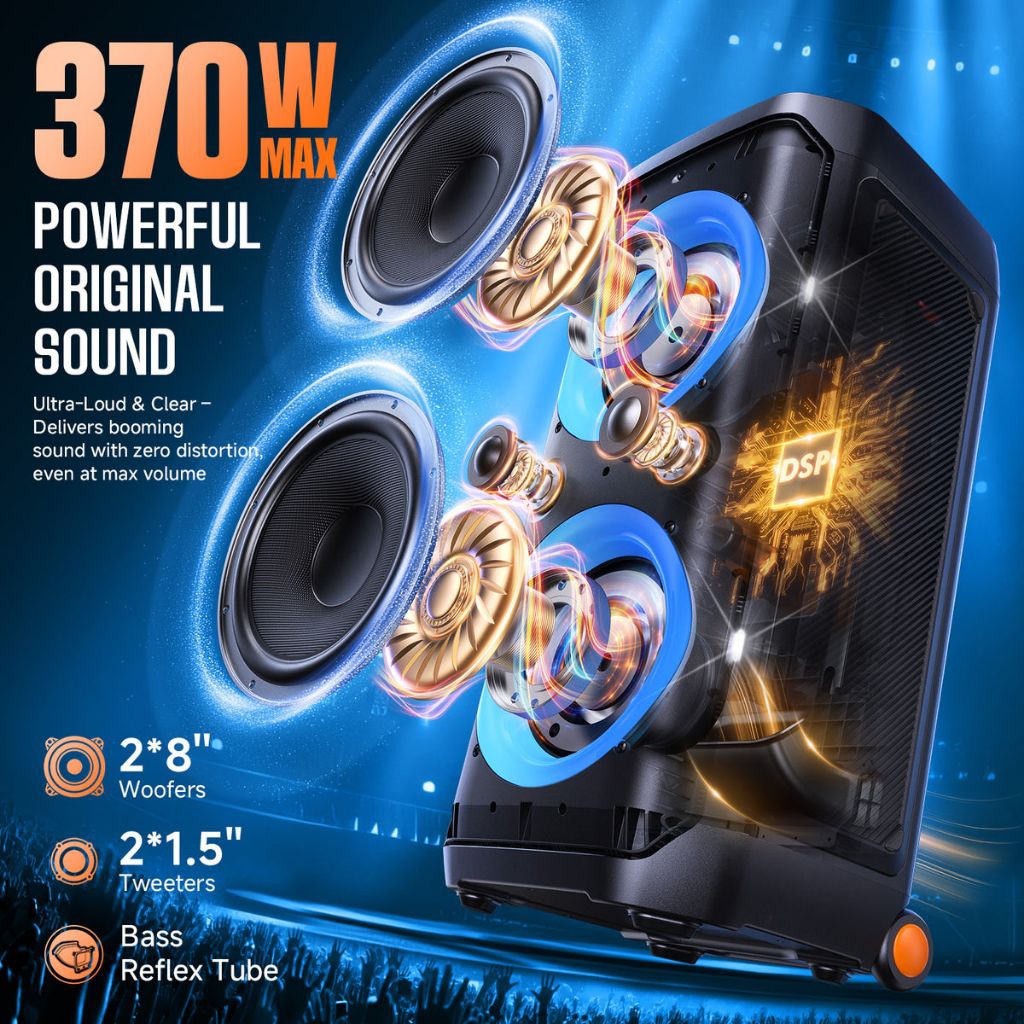 W-king T12 370W powerful portable party speaker with booming bass ...