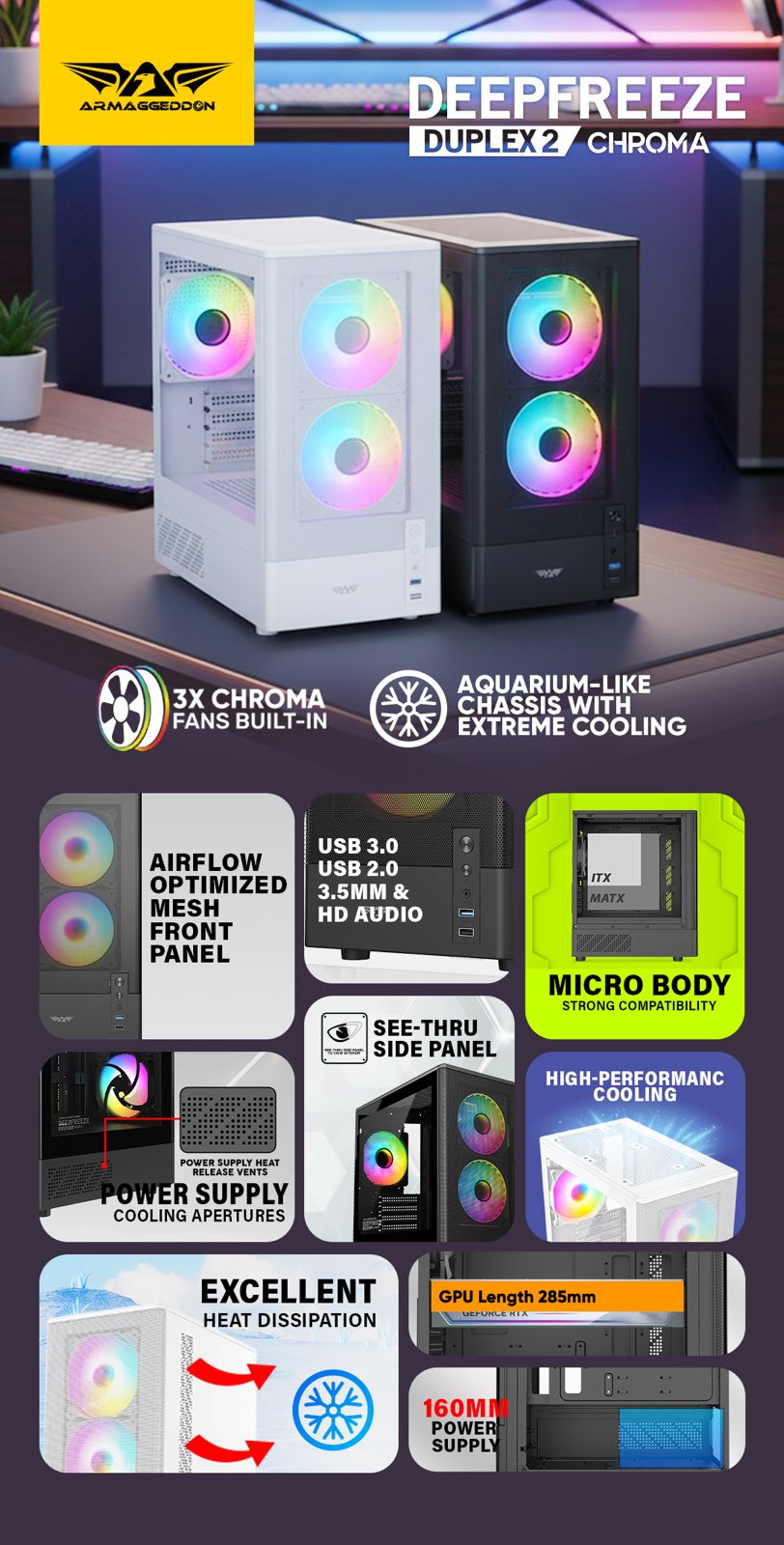 Armaggeddon Deepfreeze Duplex 2 Chroma MATX Gaming PC Case With Mesh ...