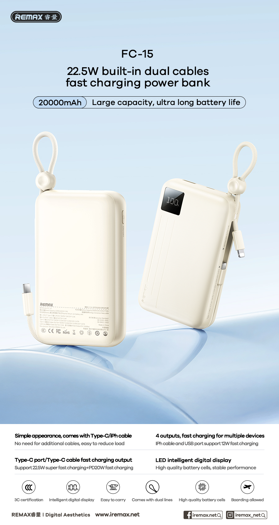 [CCC Certificate] Remax 22.5W 20000mAh Power Bank Lanyard Fast Charging Portable Built in 2 ...