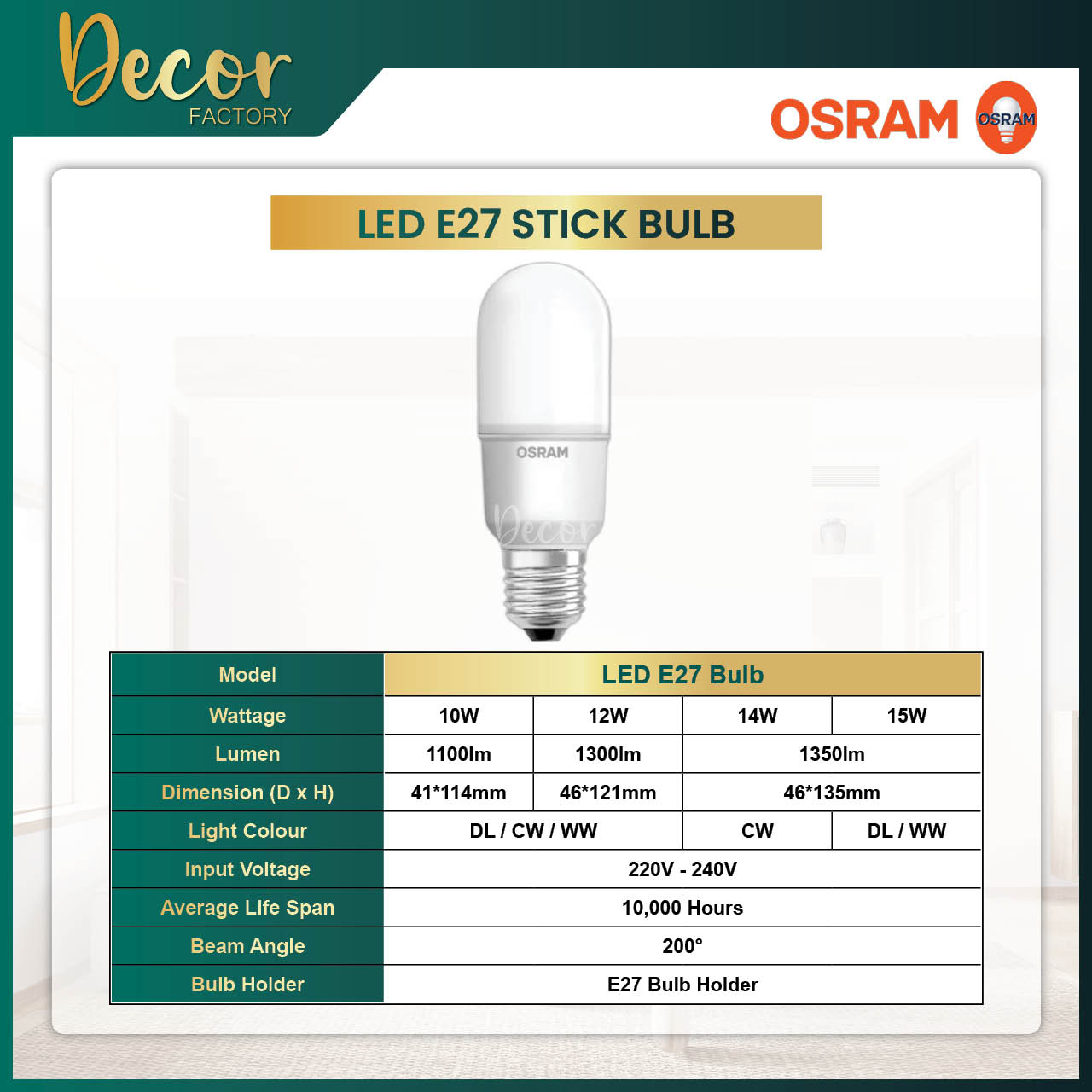 OSRAM LED STICK BULB E27 10W / 12W / 14W / 15W Daylight / Coolwhite ...