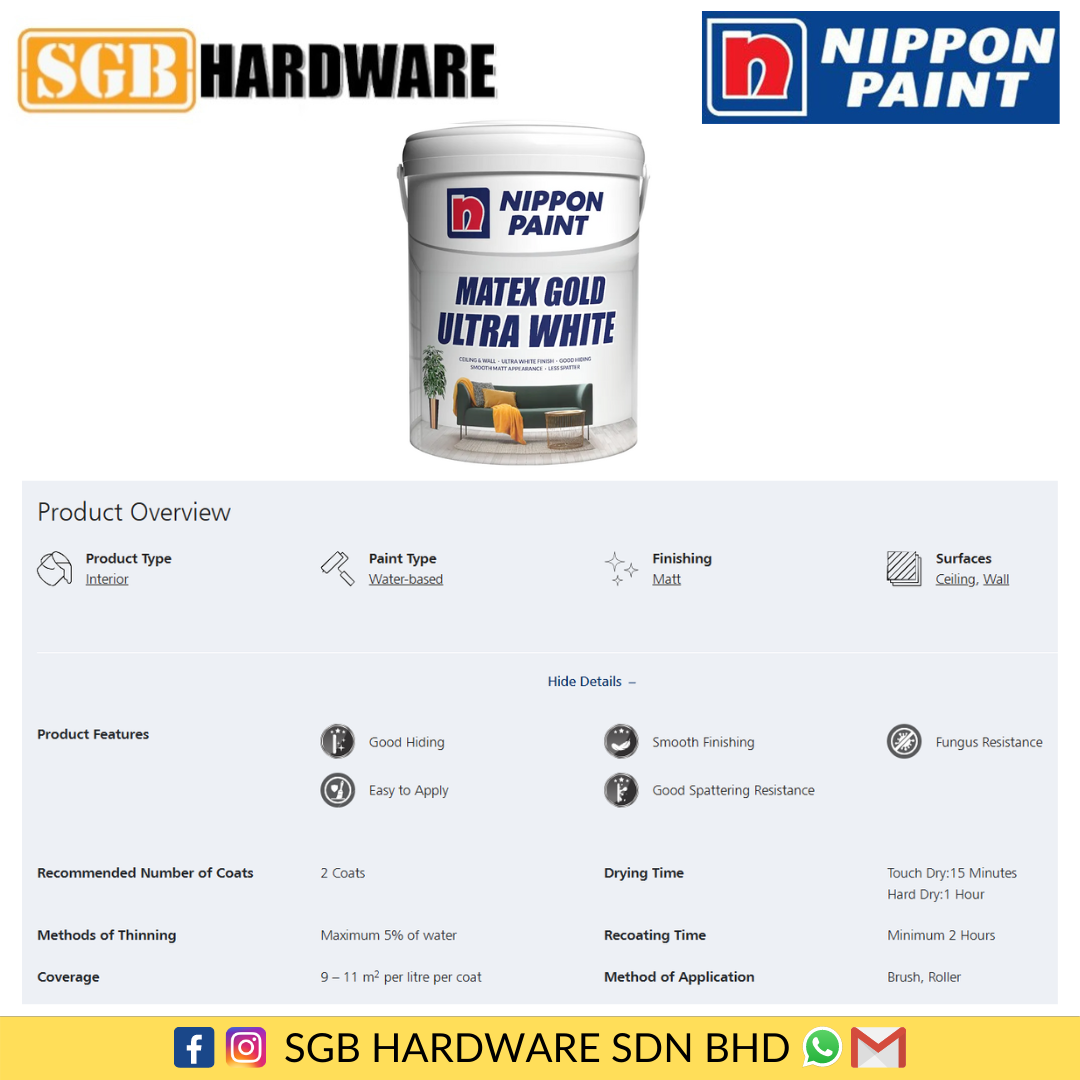 Nippon Cat Dinding & Siling Dalam Rumah Matex Gold Ultra White 5L ...