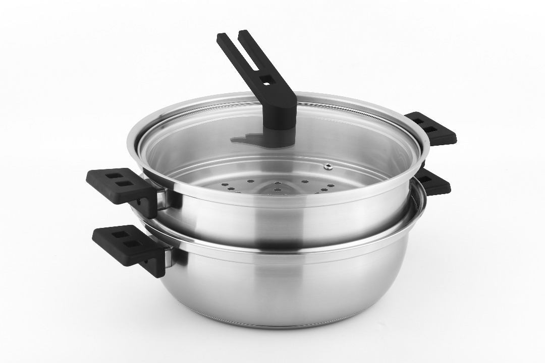 Buffalo 28cm SUS 304 Round Base Pot With Glass Lid + 28cm Steamer Rack ...