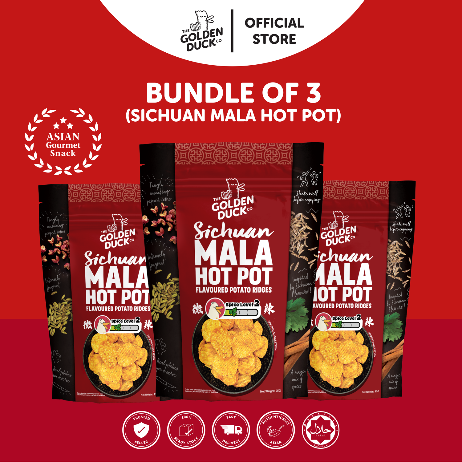(3 Packs) The Golden Duck Sichuan Mala Hot Pot Flavoured Potato Ridges ...