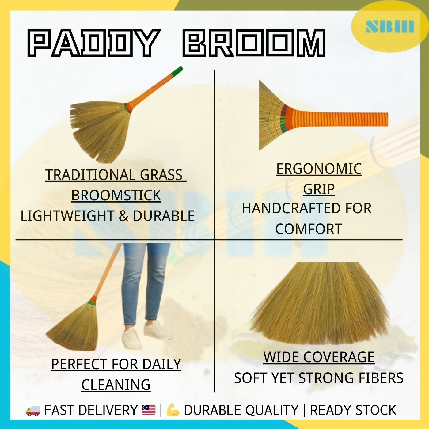 SBM MYANMAR / BURMA STRAW BROOM / RATTAN HANDLE BROOM/ PADDY BROOM ...