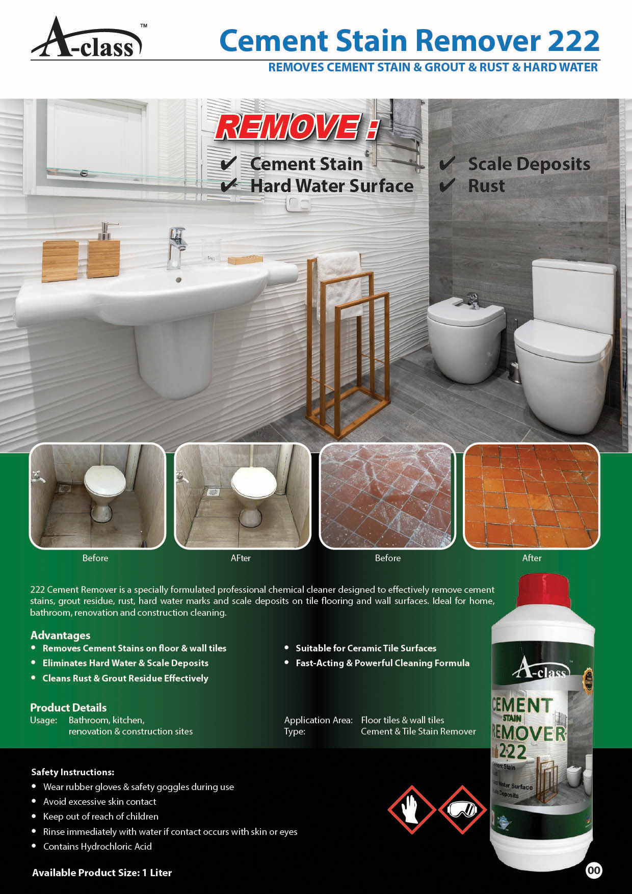 A-Class 1L 222 Floor Tiles Stain Remover Cement Remover Stain Grout ...