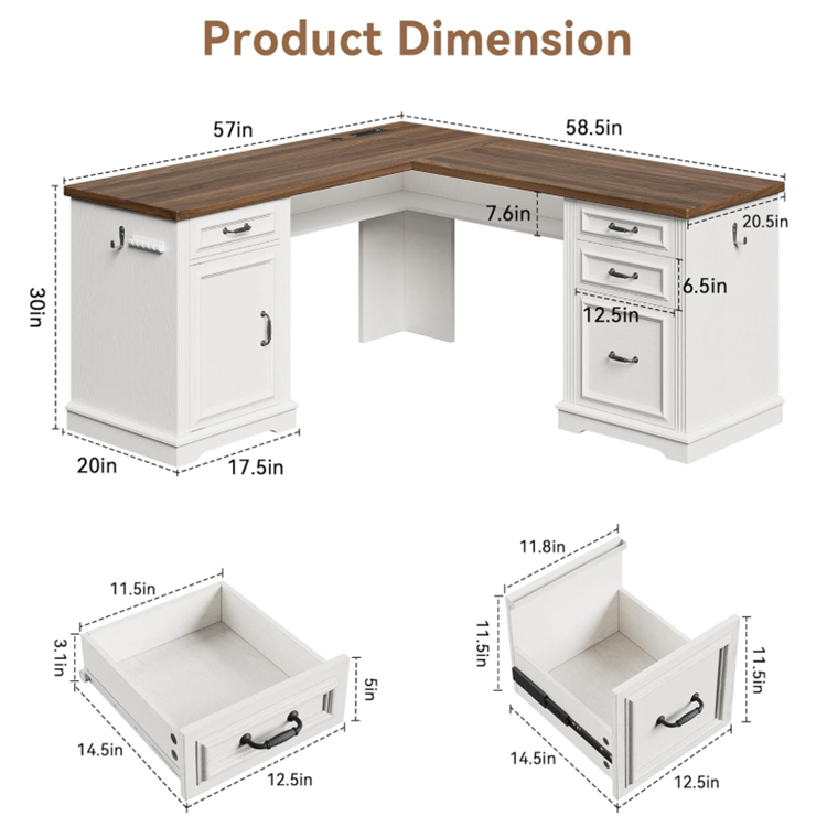 Farmhouse L Shaped Executive Desk with 4 Drawers Home Office Desk Wood ...