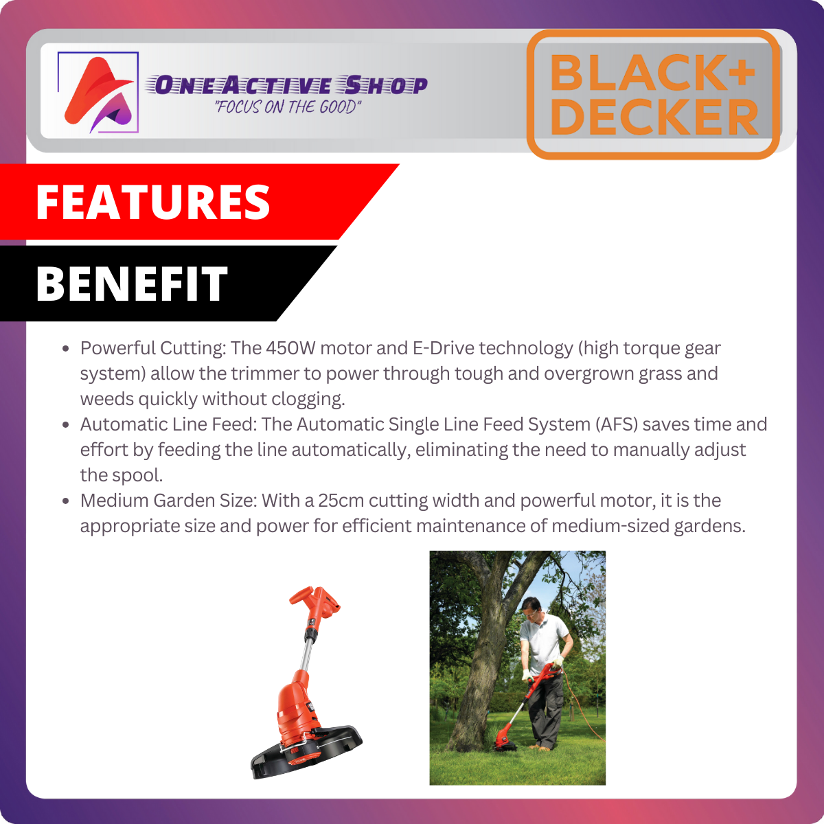 Black + Decker GL4525 Mesin Potong Rumput Bertali 450W - Ringan & Auto ...