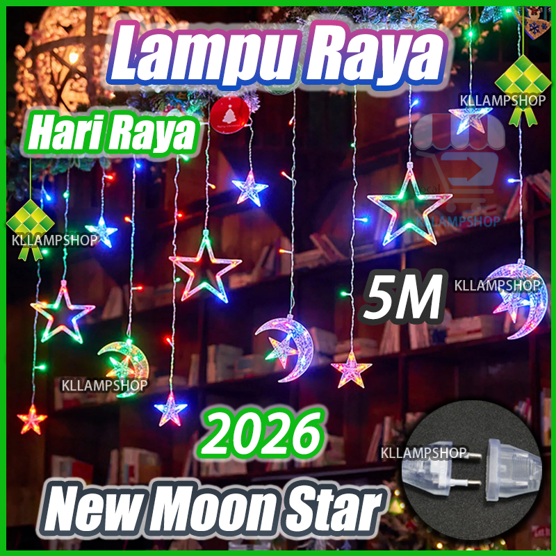 🌙Lampu raya 5Meter Curtain Led light strip Moon Star Fairy light Lampu ...