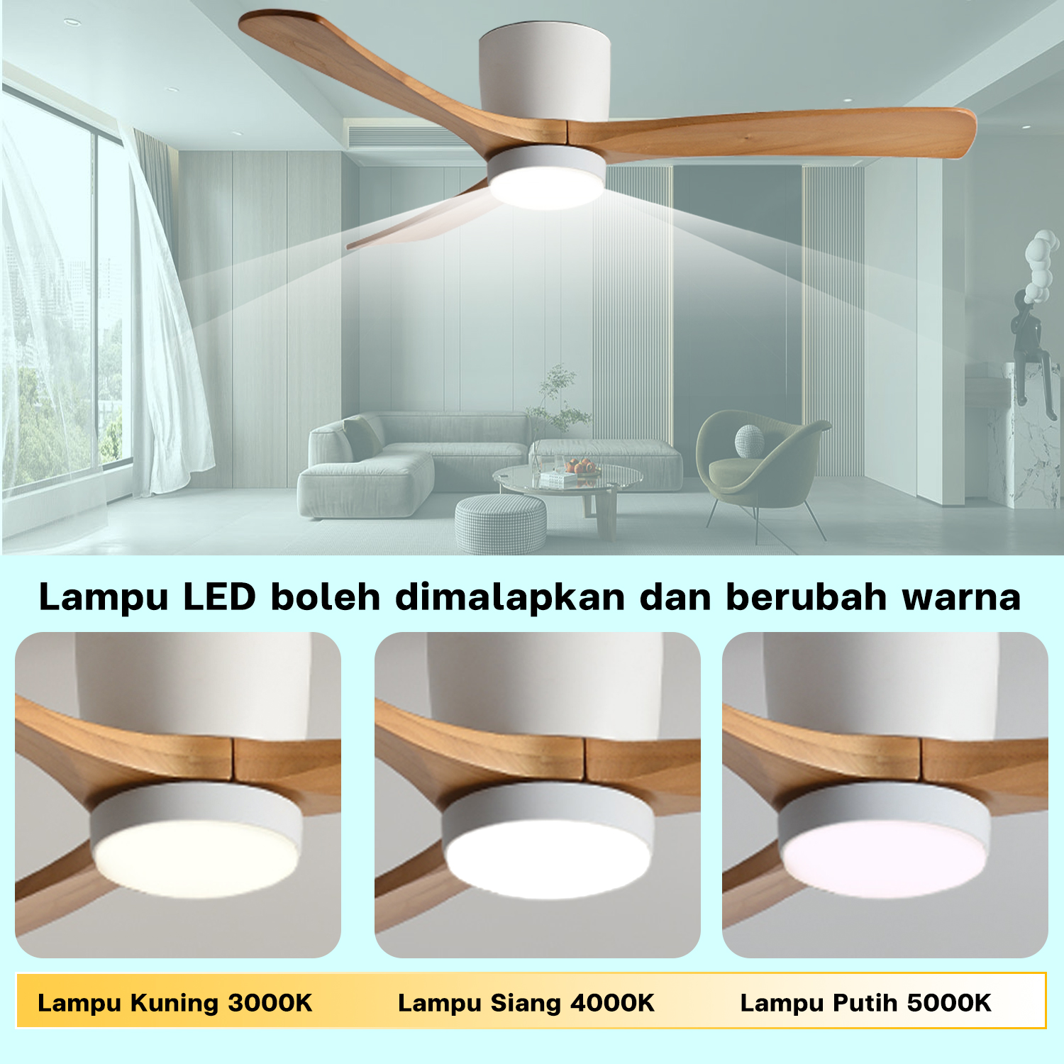 GEERLI Kipas Siling 52 Inci Kayu Alami 3 Bilah DC35W LED18W Tiga Warna ...