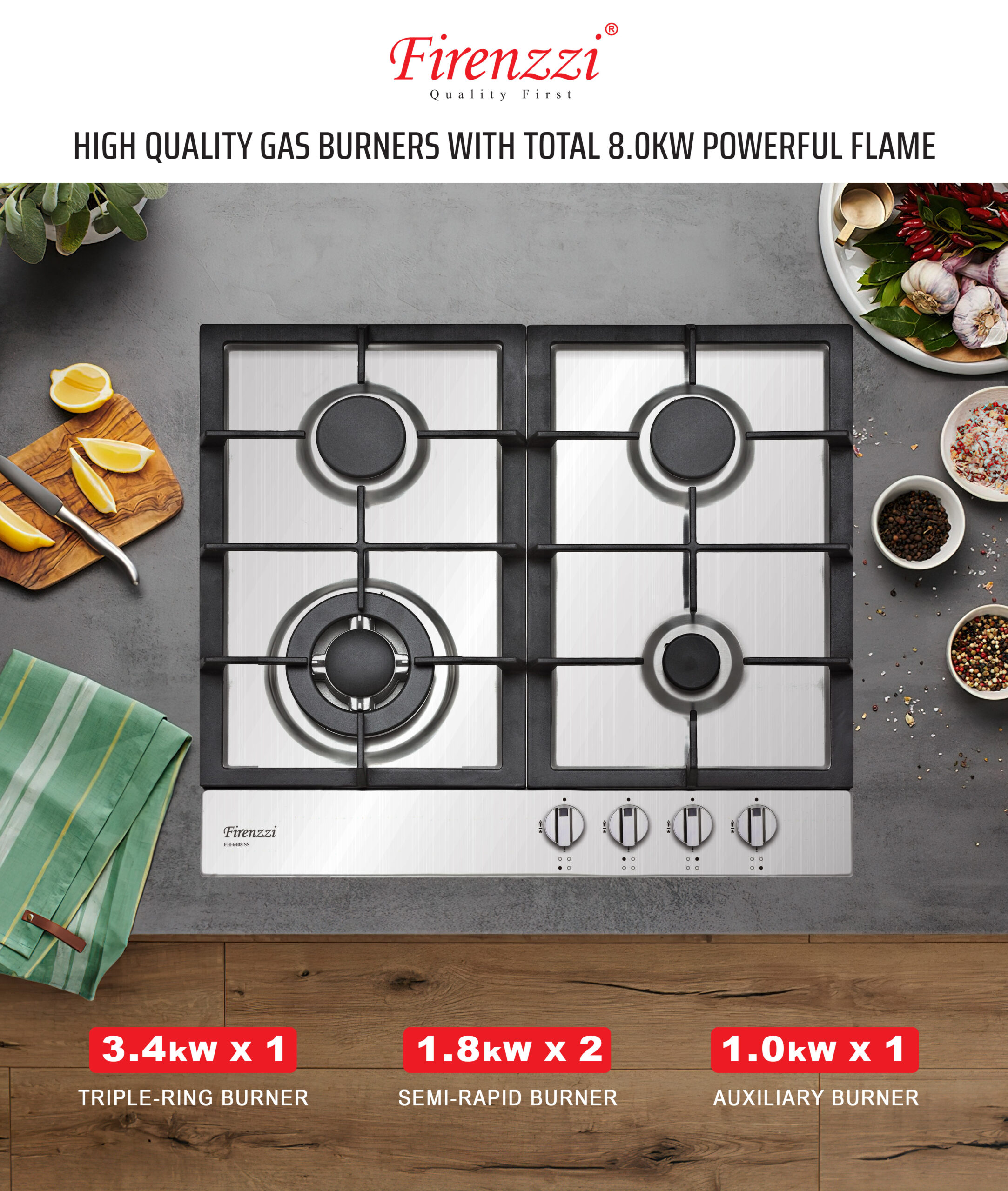 Firenzzi FH-6408 SS 60CM Gas Hob Built-In Stainless Steel Hob 3 Burners ...