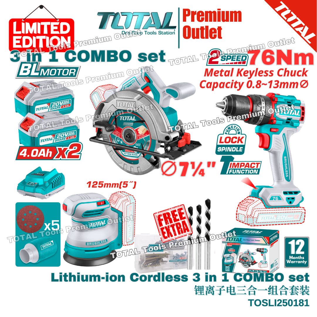 TOTAL Tools 20V 3 in 1 COMBO set BL Cordless circular saw, Impact Drill ...