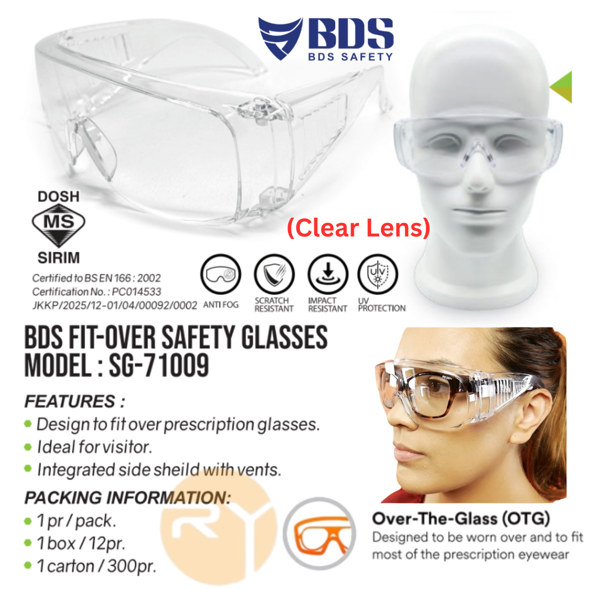 [SIRIM DOSH] BDS Safety Eye Protection Fit-Over OTG Safety Glasses ...