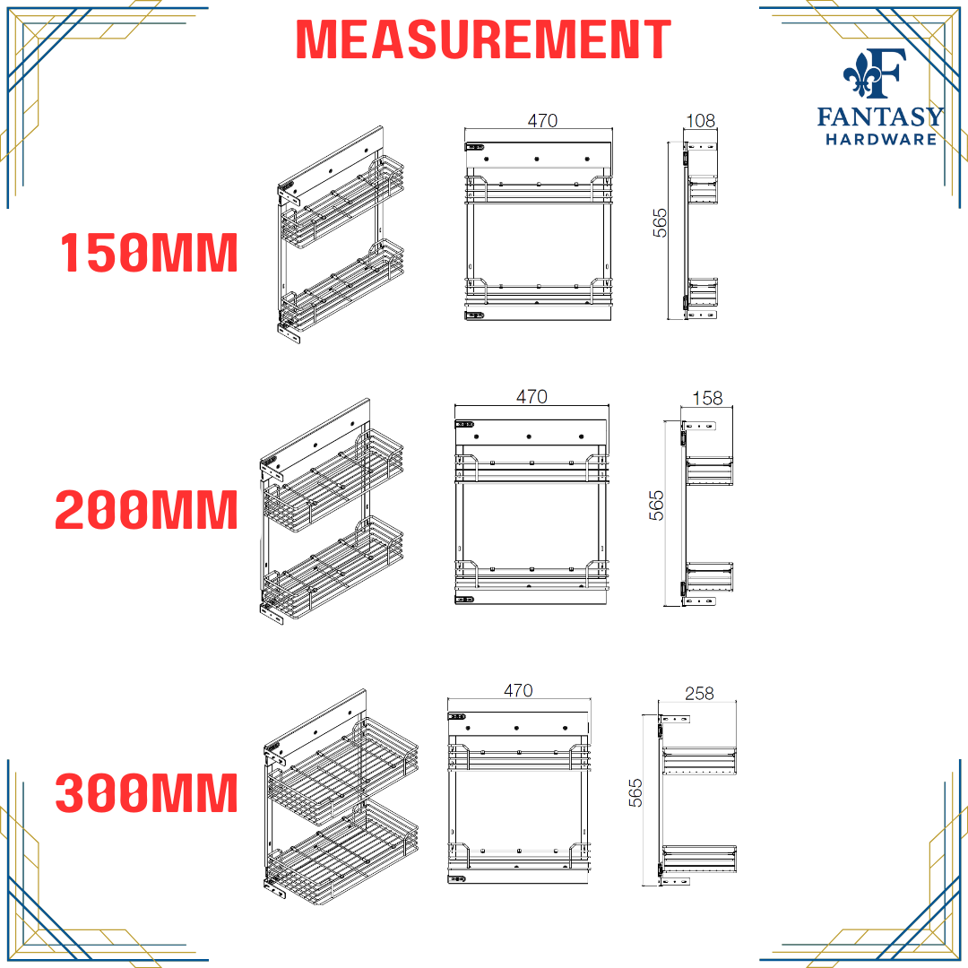 🇲🇾 150/200/300mm Soft Close Closing Slide Side Pull Out Basket ...