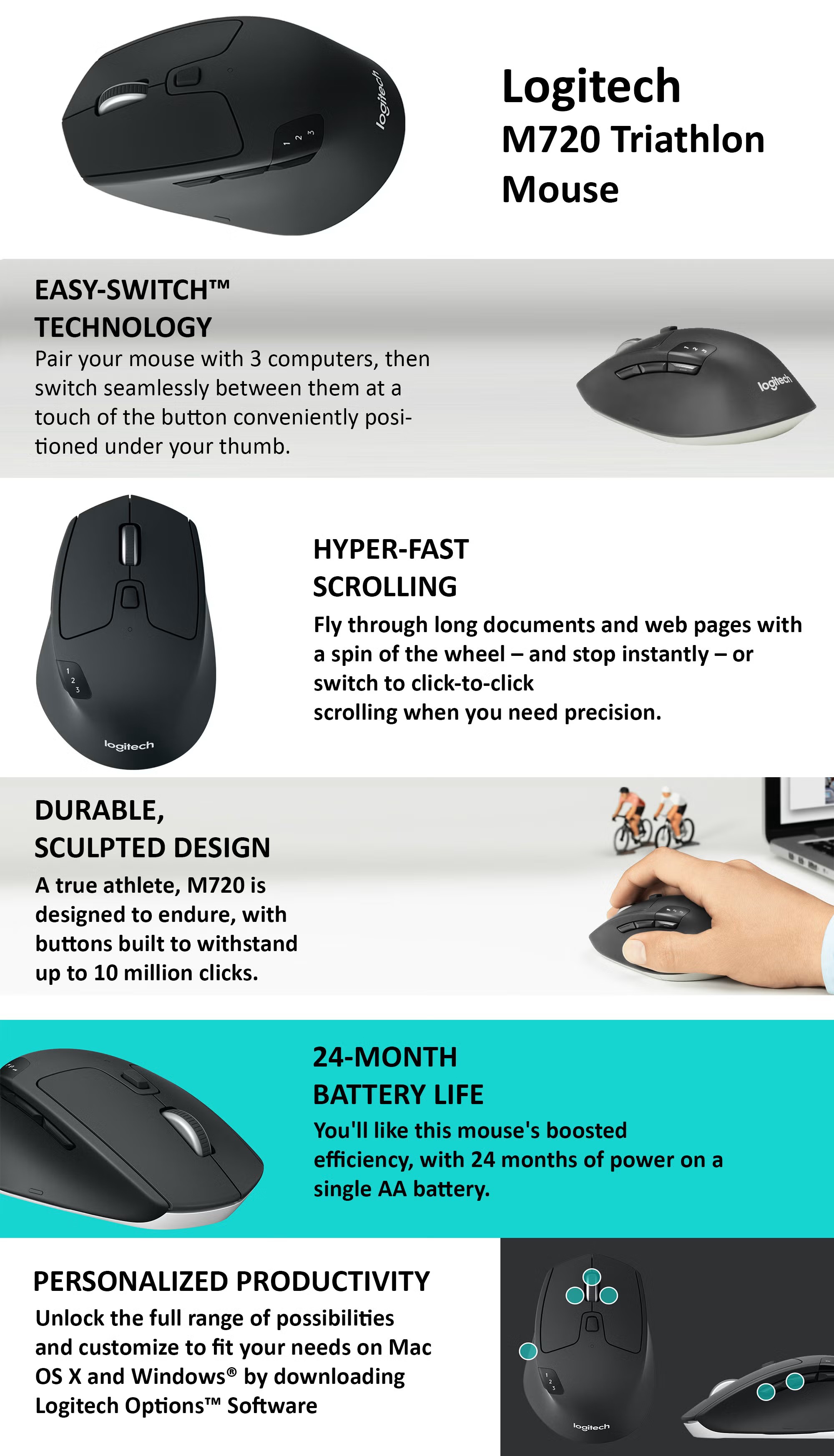 LOGITECH M720 TRIATHLON DUAL MODE WIRELESS MOUSE WITH BLUETOOTH + USB ...