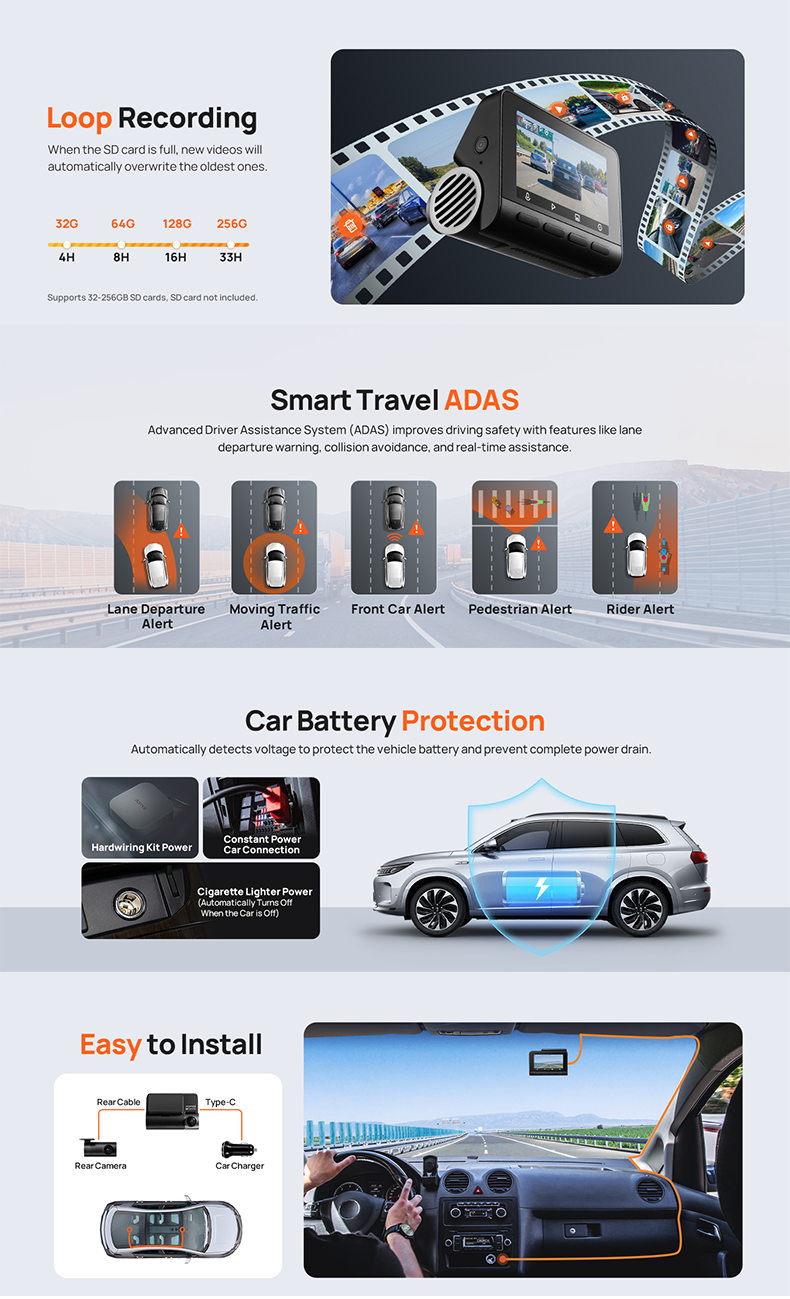 4K Dash Cam Ultra HD Built-in ADAS 150°FOV Motion Detection Car DVR ...