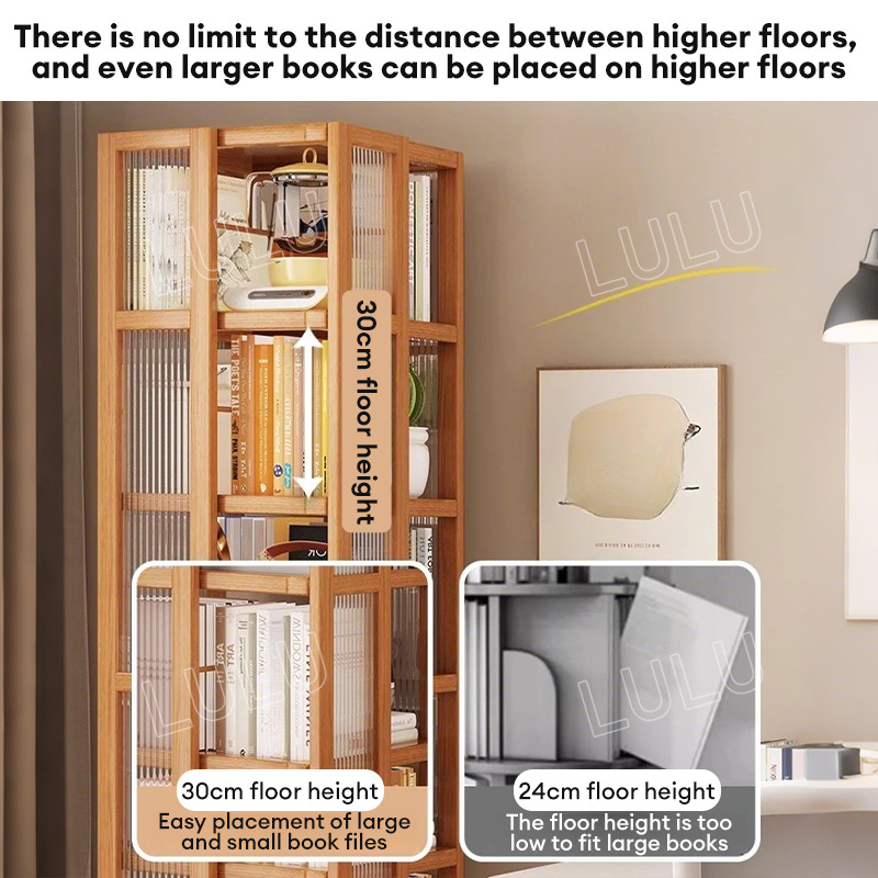 LULU Rotating Bookshelf Rak Buku Rattan/Acrylic Floor Standing Books ...
